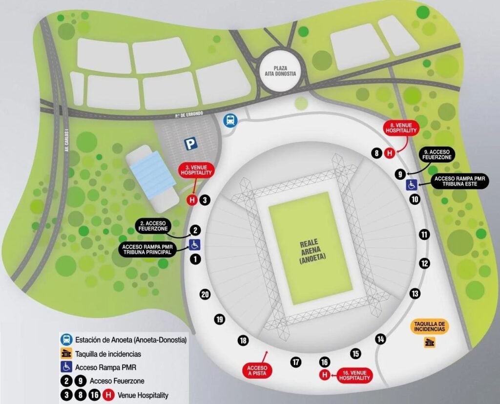 Anoeta Stadium Seating Map with Rows and Seat Numbers, Real Sociedad Map