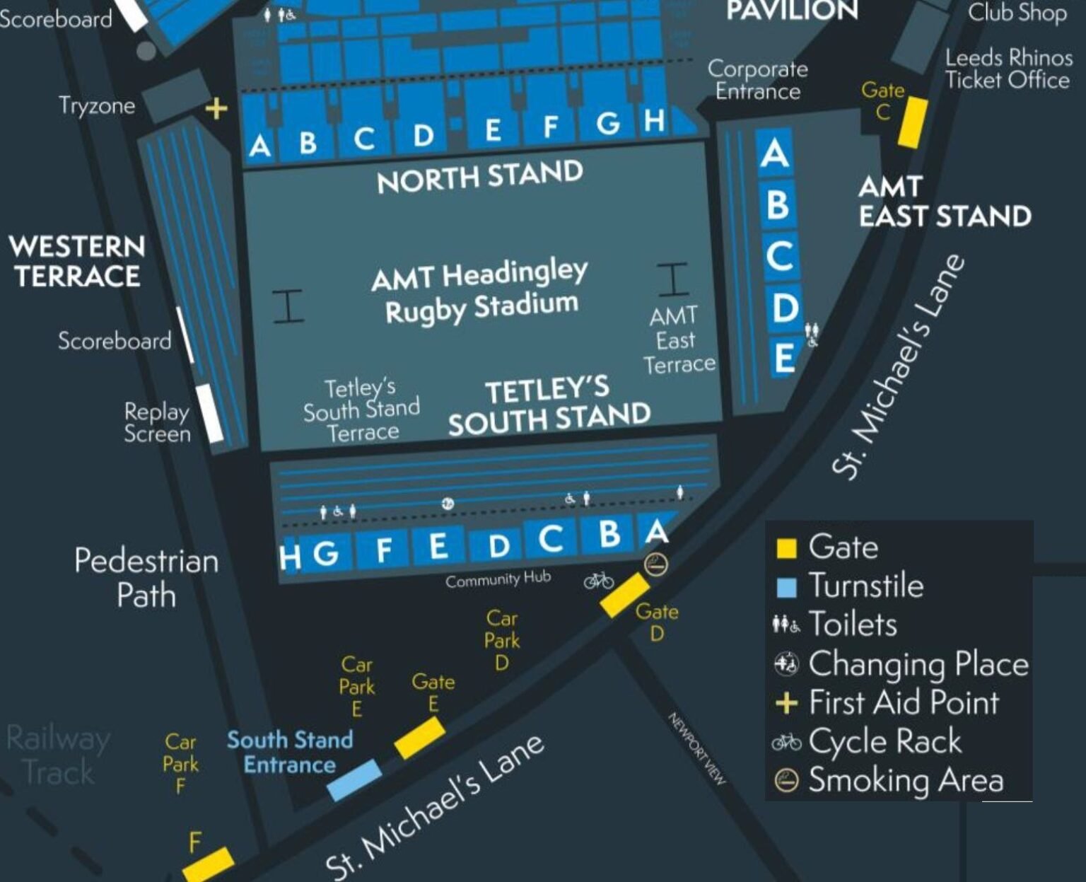 Headingley Rugby Stadium Seating Plan with Seat Numbers and Rows