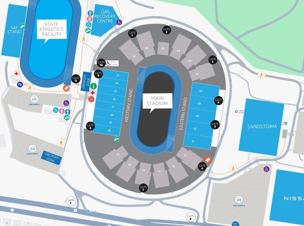 Queensland Sport and Athletics Centre Seating Map with Seat Numbers