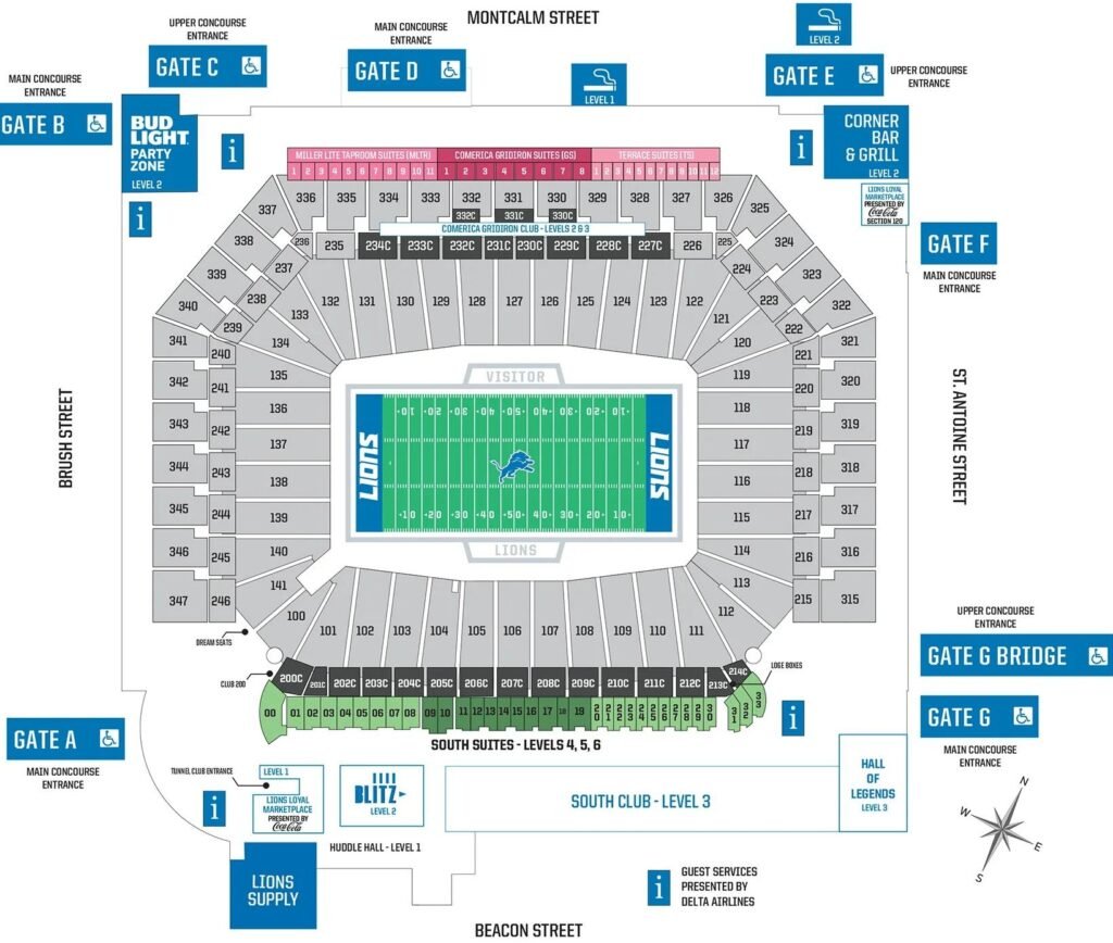 Ford Field Seating Chart with Seat Numbers and Rows