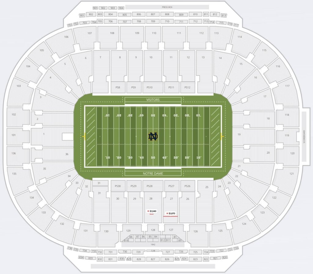 Notre Dame Stadium Seating Chart with Seat Numbers and Rows