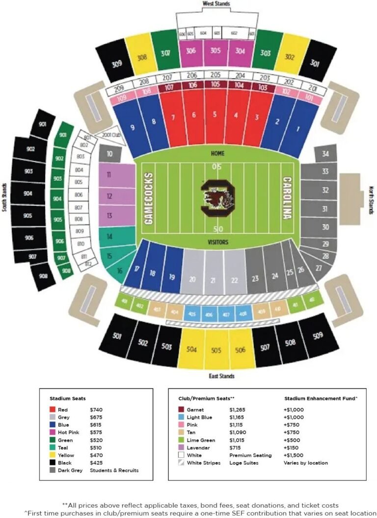 Williams Brice Stadium Seating Chart with Seat Numbers and Rows