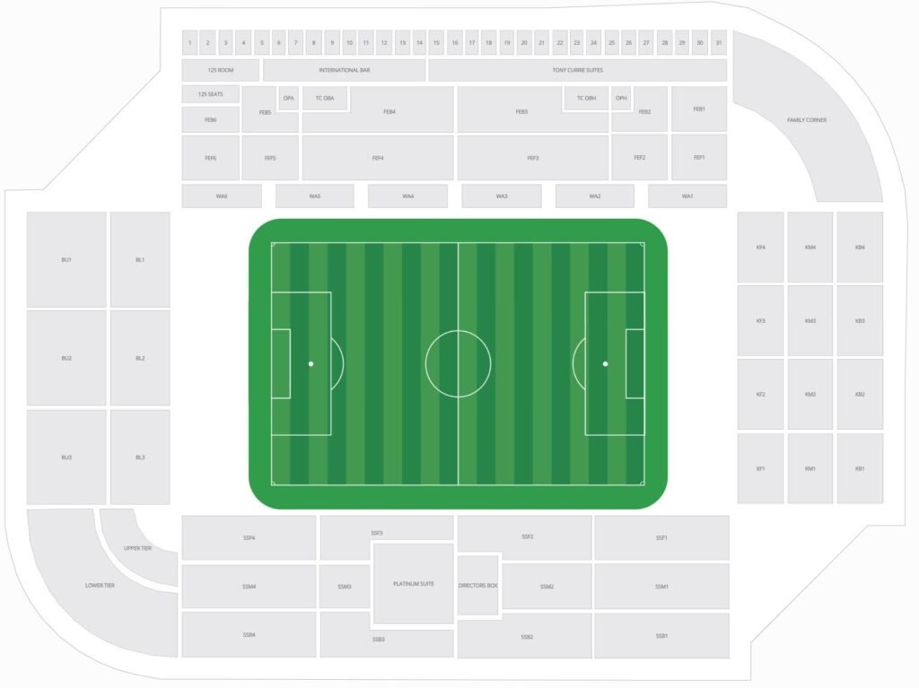 Bramall Lane Seating Plan with Seat Numbers and Rows